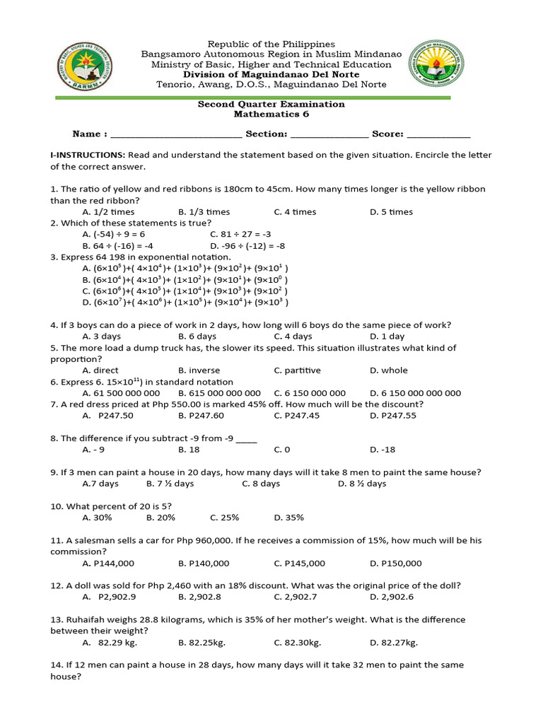2nd Quarter Math 6 Exam TOS | PDF | Percentage | Ratio