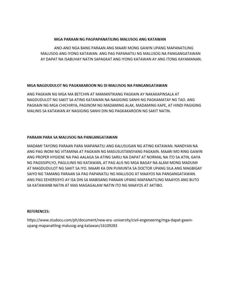 Mga Paraan NG Pagpapanatiling Malusog Ang Katawan | PDF
