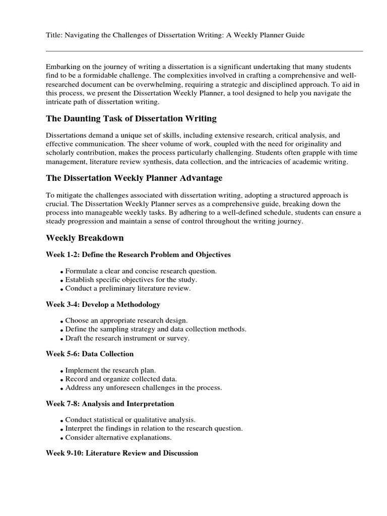 Dissertation Weekly Planner | PDF | Thesis | Doctor Of Philosophy