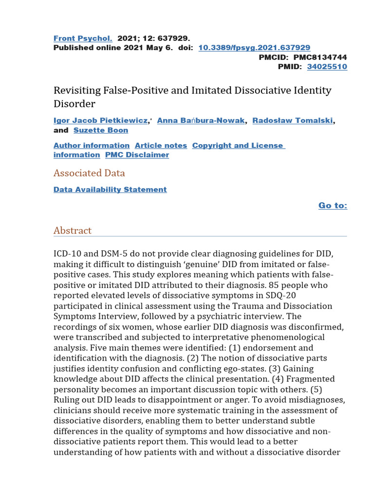 Revisiting False-Positive and Imitated Dissociative Identity Disorder | PDF | Mental Disorder ...