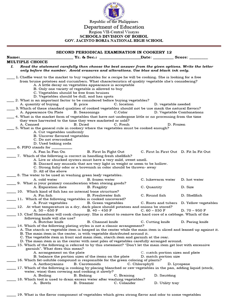 Second Quarter Exam in Cookery 10/12 | PDF | Vegetables | Cooking