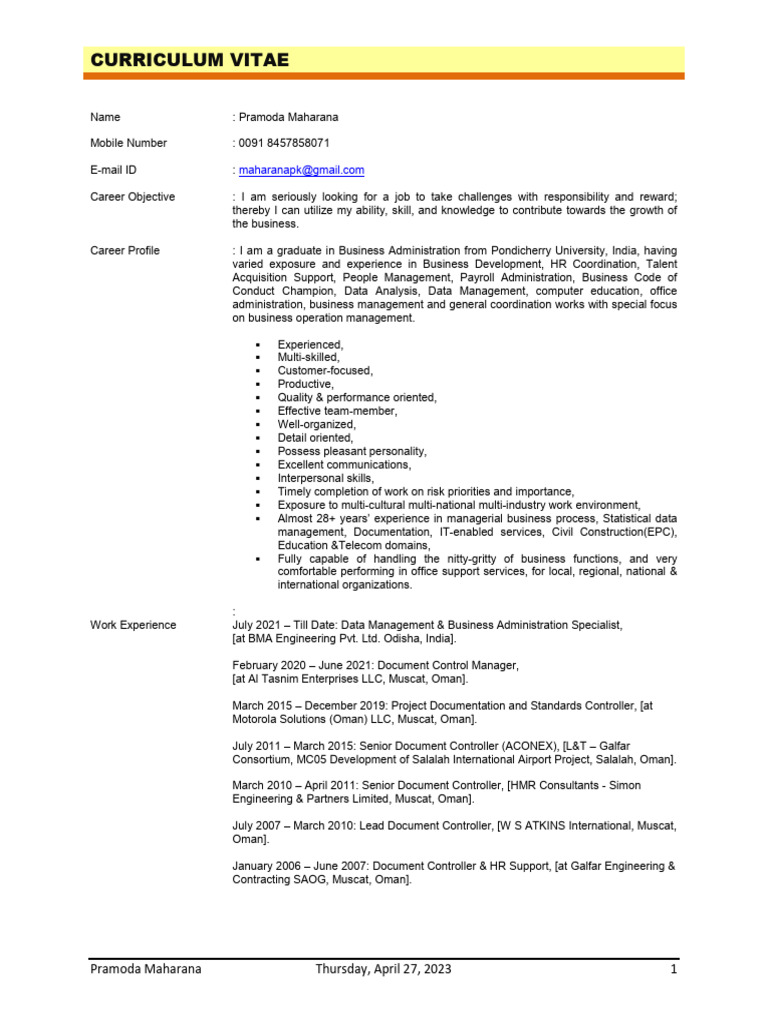 Pramoda Maharana: Business CV | PDF | Career & Growth | Business