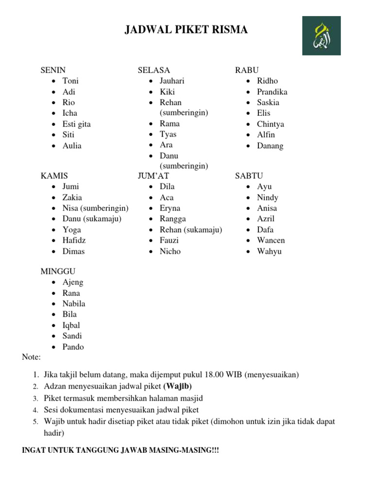 Jadwal Piket Risma | PDF