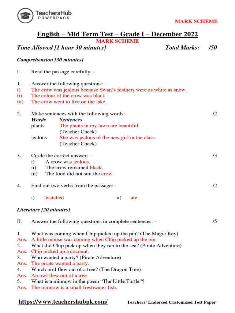Grade I English Mid Term Test 2022 | PDF