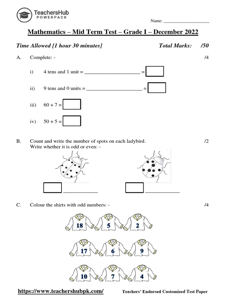 Mathematics - Mid Term Test - Grade I - December 2022 | PDF | Toys