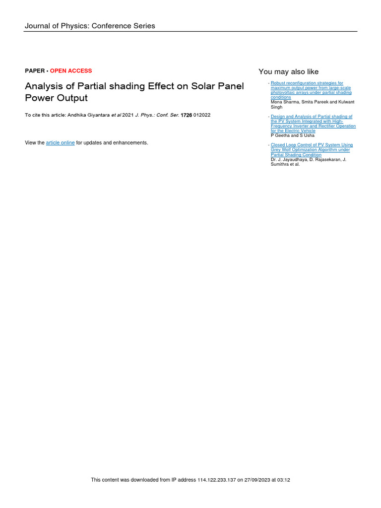 Analysis of Partial Shading Effect on Solar Panel Power Output | PDF | Solar Panel | Photovoltaics