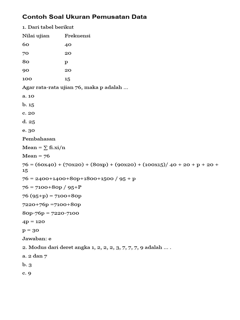 Contoh Soal Ukuran Pemusatan Data Dan Pembahasannya | PDF | Komputer ...