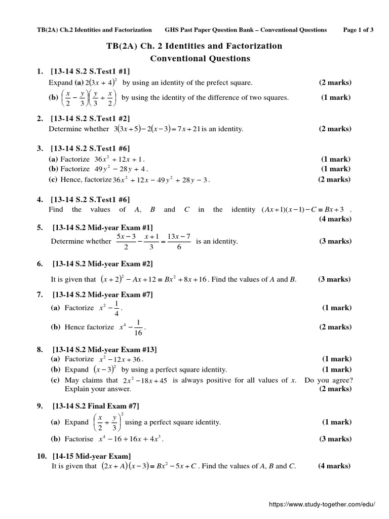 Good Hope School 13-18-2A Ch.2 Identities Factorization CQ | PDF ...