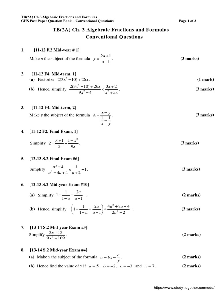 Good Hope School 11-16-2A Ch.3 Algebraic Fractions Formulas CQ | PDF | Fahrenheit | Mathematics