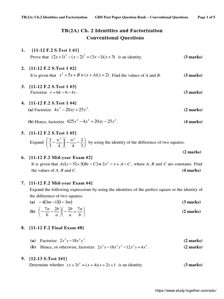 Good Hope School 11-16-2A Ch.2 Identities Factorization CQ | PDF ...