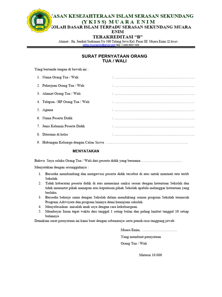 Surat Pernyataan Orang Tua Siswa Baru | PDF
