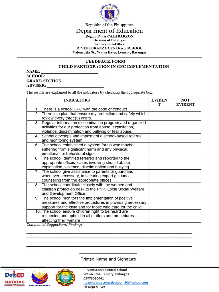 CPC Feedback Form | PDF | Child Protection | Violence