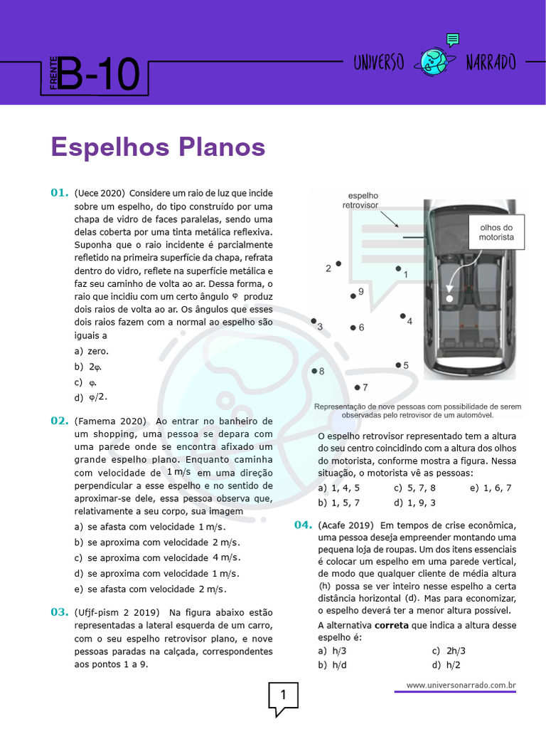 LF B10 Exercícios | PDF | Espelho | Reflexão (Física)