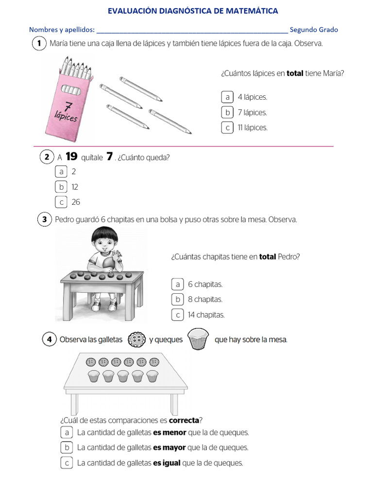 Prueba Diagnóstica Matemática, Conozcamos Nuestros Aprendizajes. 2do. Grado de Primaria | PDF