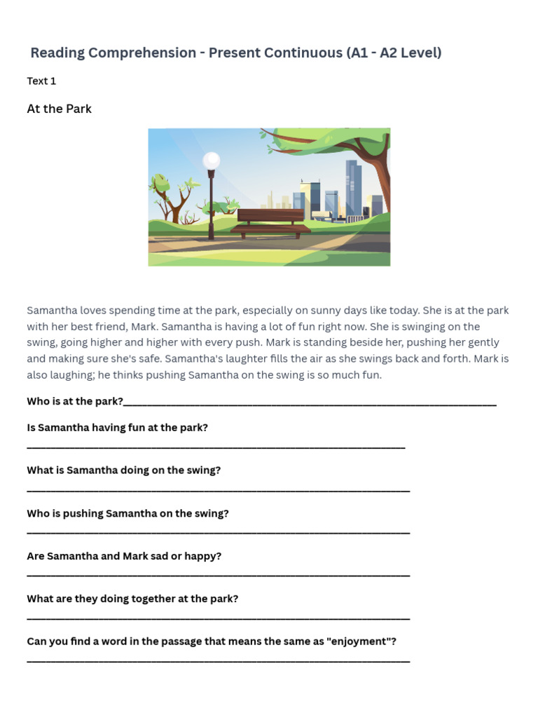 Exercise 1 Reading Comprehension - Present Continuous (A1 Level) (2 ...