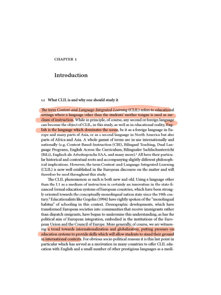 Discourse in Content and Language Integrated Learning Classrooms - Chapter 1 | PDF