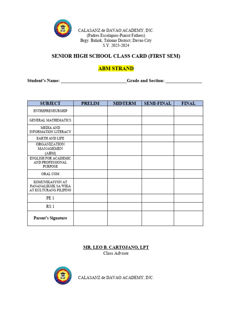 CLASS CARD GRADE 11 | PDF