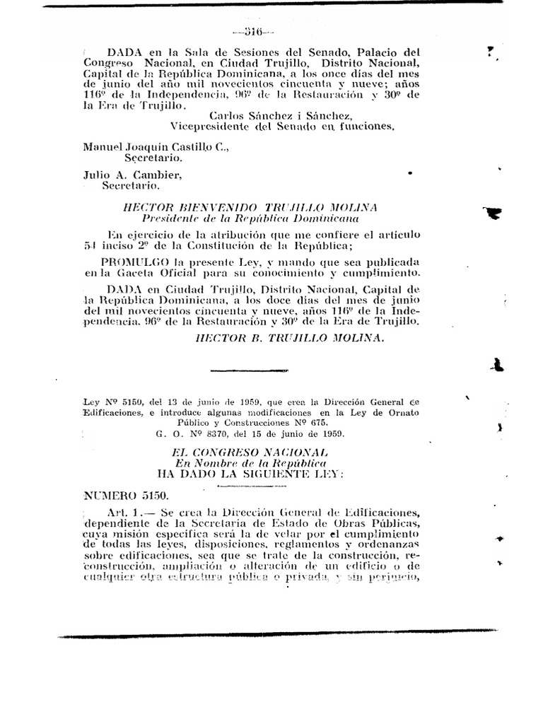 Ley 5150 Del Año 1959 Que Crea La Direccion General de Edificaciones ...