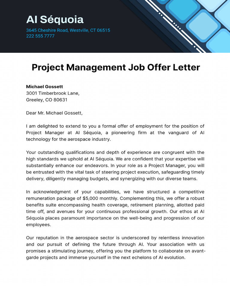 Project Management Offer Letter Sample | PDF
