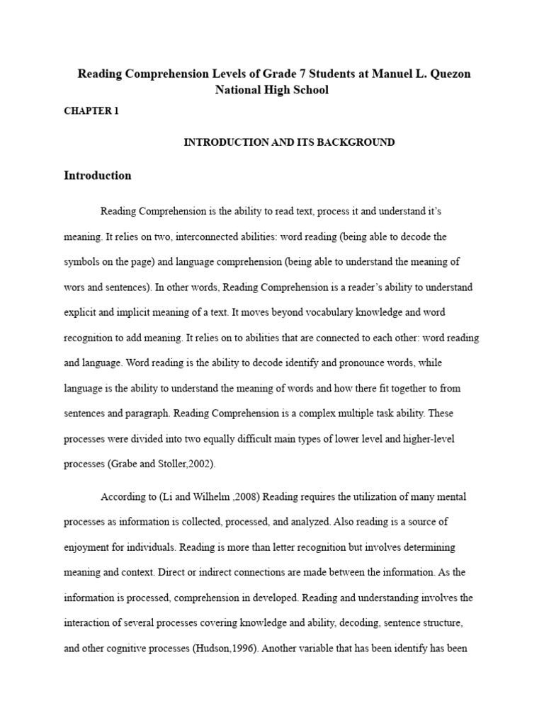 Reading Comprehension Levels of Grade 7 Students at Manuel L | PDF ...