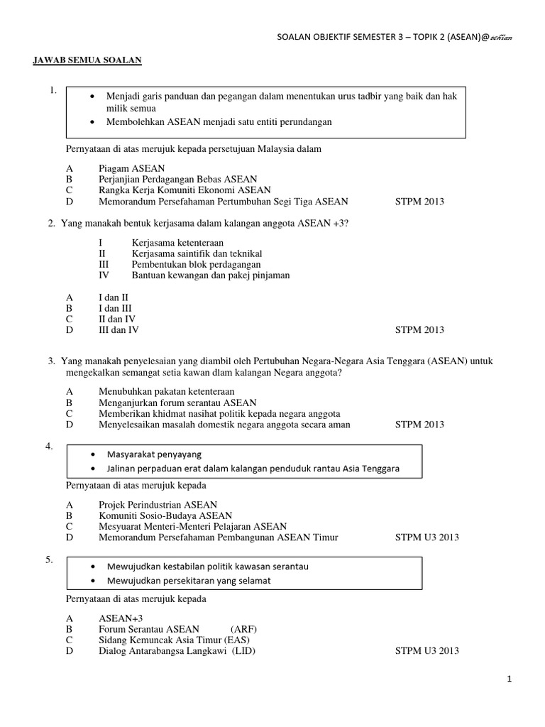 Soalan Objektif ASEAN Semester 3 | PDF | Politik