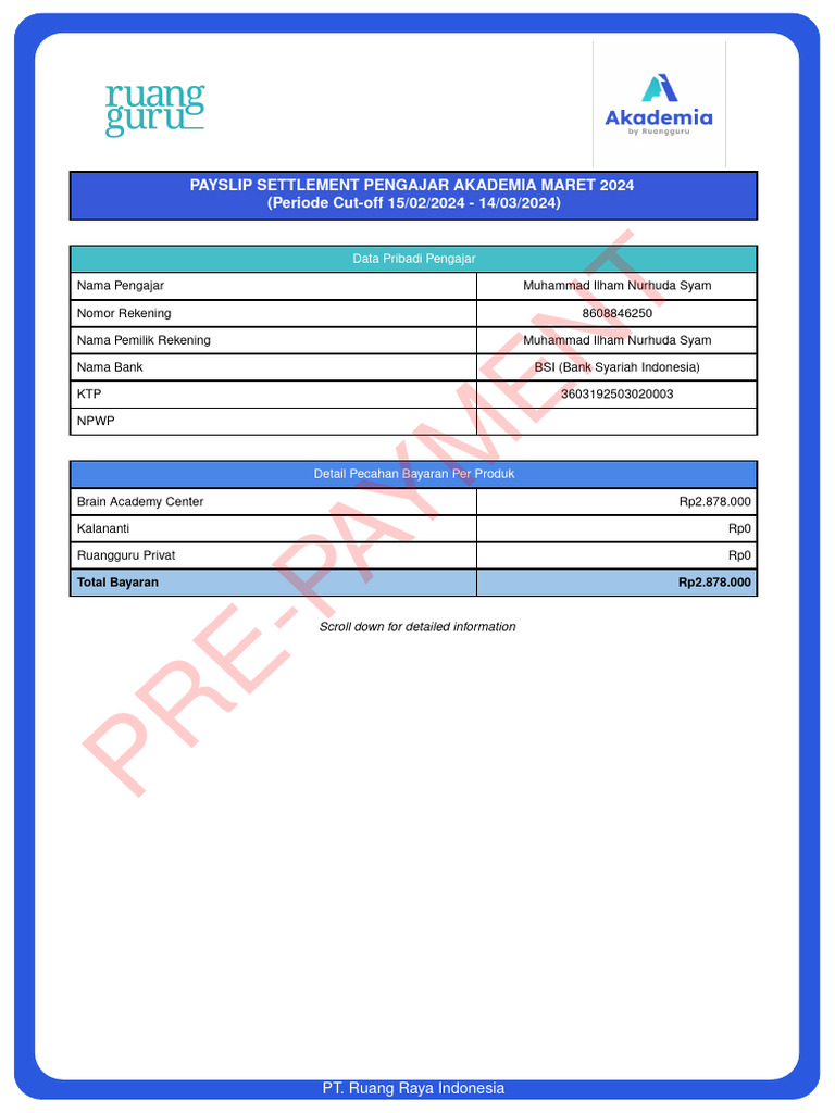 Pre Payment Payslip March 2024 | PDF