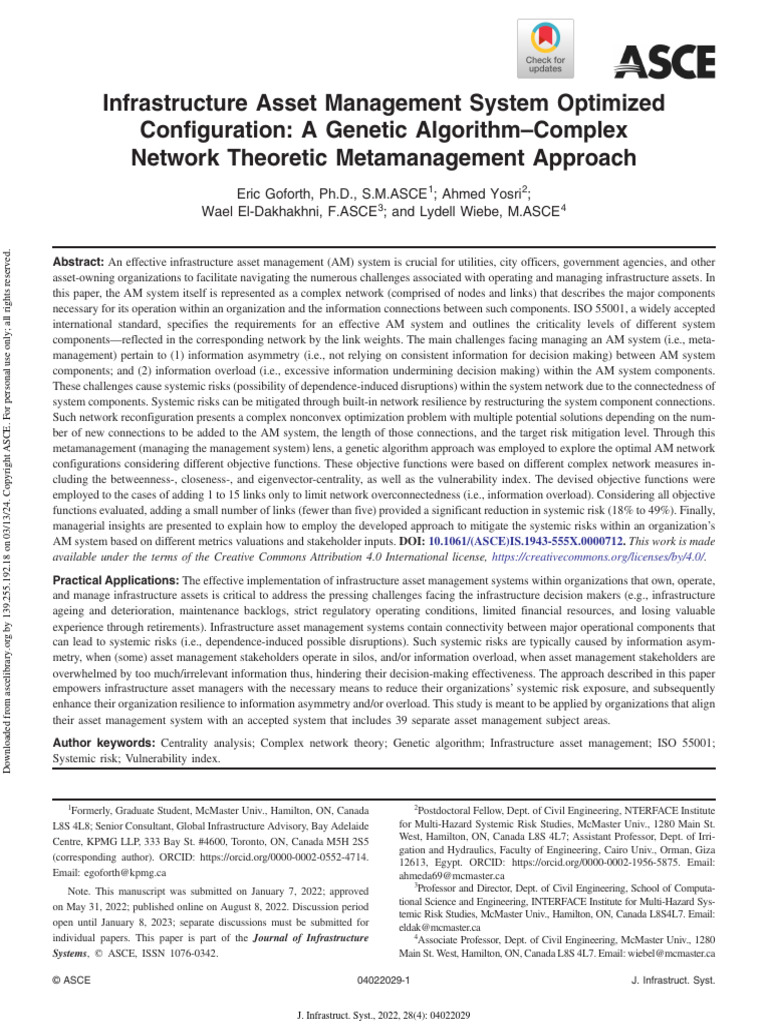 Goforth Et Al 2022 Infrastructure Asset Management System Optimized Configuration A Genetic ...