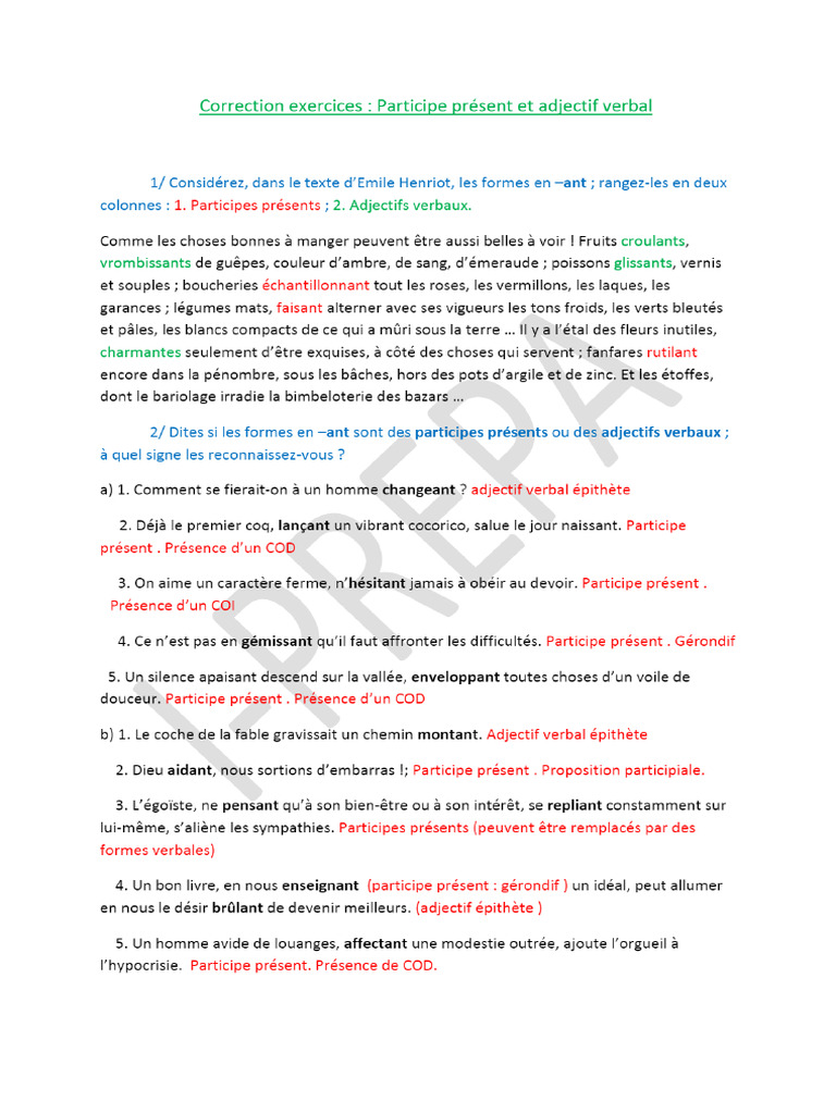Correction exercices _ Participe présent et adjectif verbal - PDF | PDF