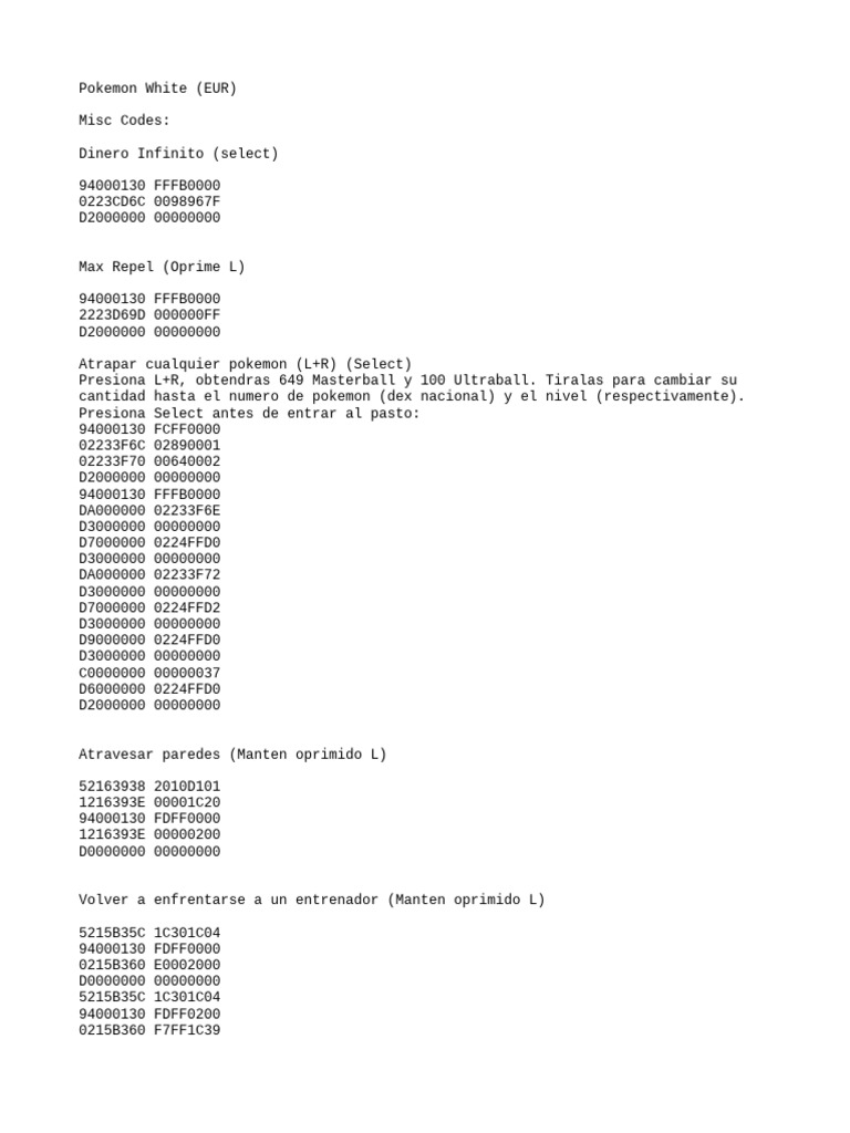 Códigos Trucos Pokémon White EUR | PDF | Videojuegos | Videojuegos de fantasía