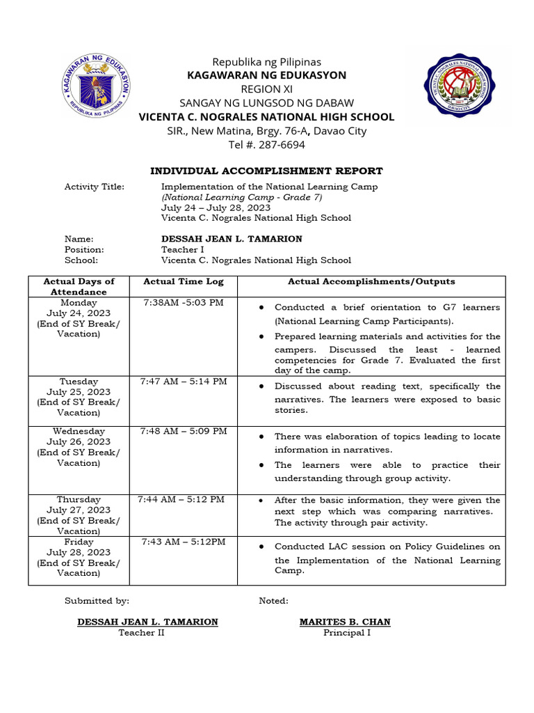 Tamarion NLC Accomplishment Report 2023 | PDF | Education Theory ...