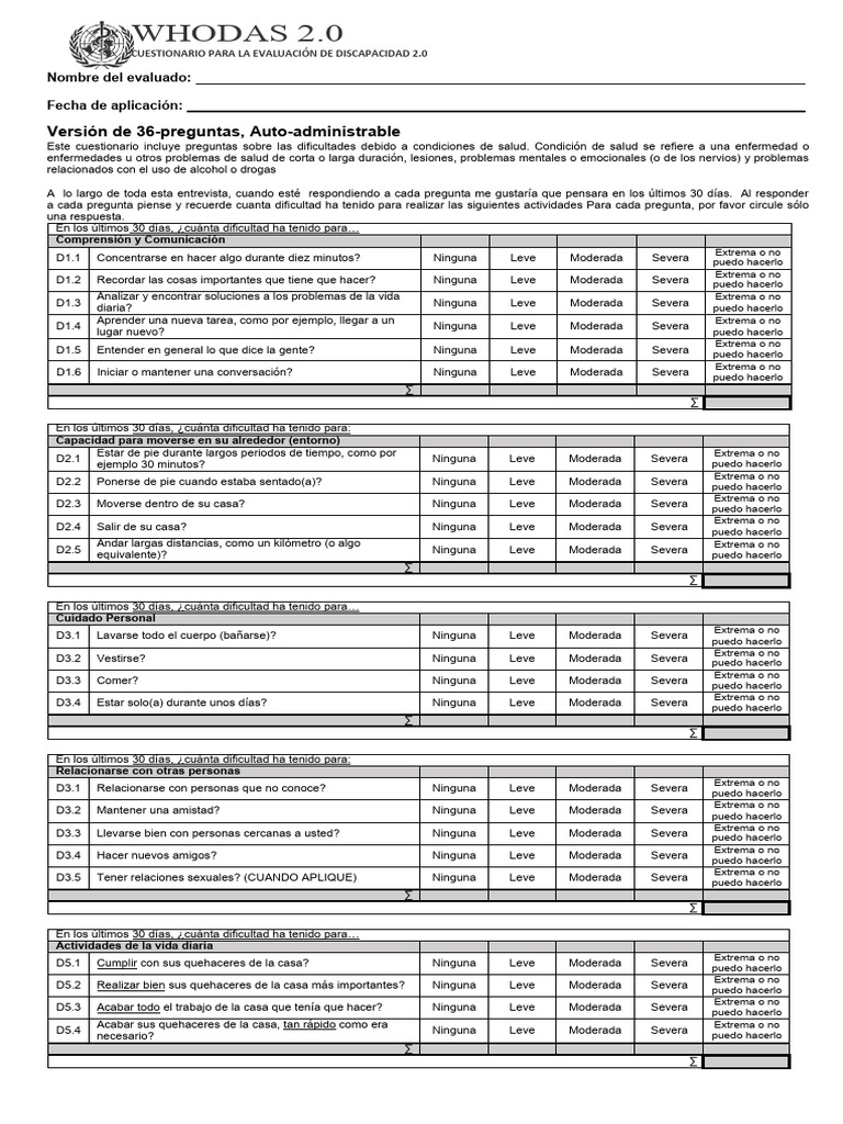 WHODAS Formato de Autoaplicación | Descargar gratis PDF | Cuestionario ...