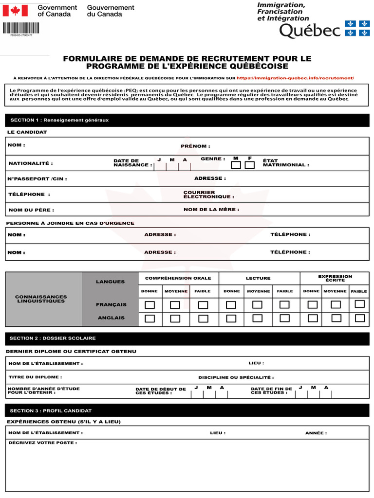 Formulaire de demande d'immigration Québec | PDF | Évolution de carrière