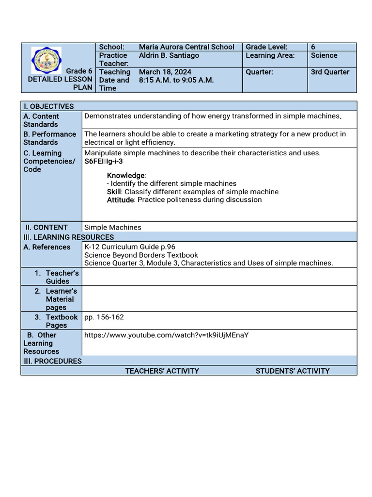 Grade 6 Simple Machines Lesson Plan | PDF | Machines | Learning
