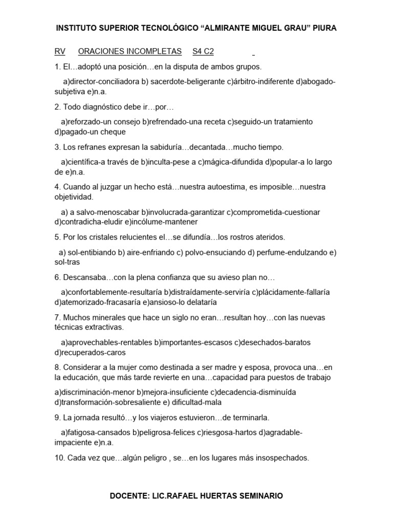 RV ORACIONES INCOMPLETAS S4 C2 Prof | PDF | Arte | Libros para adolescentes