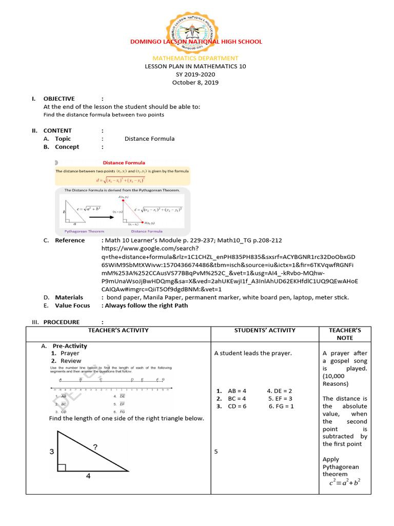 Distance Formula Lesson Plan for Math 10 | PDF | Mathematics | Distance