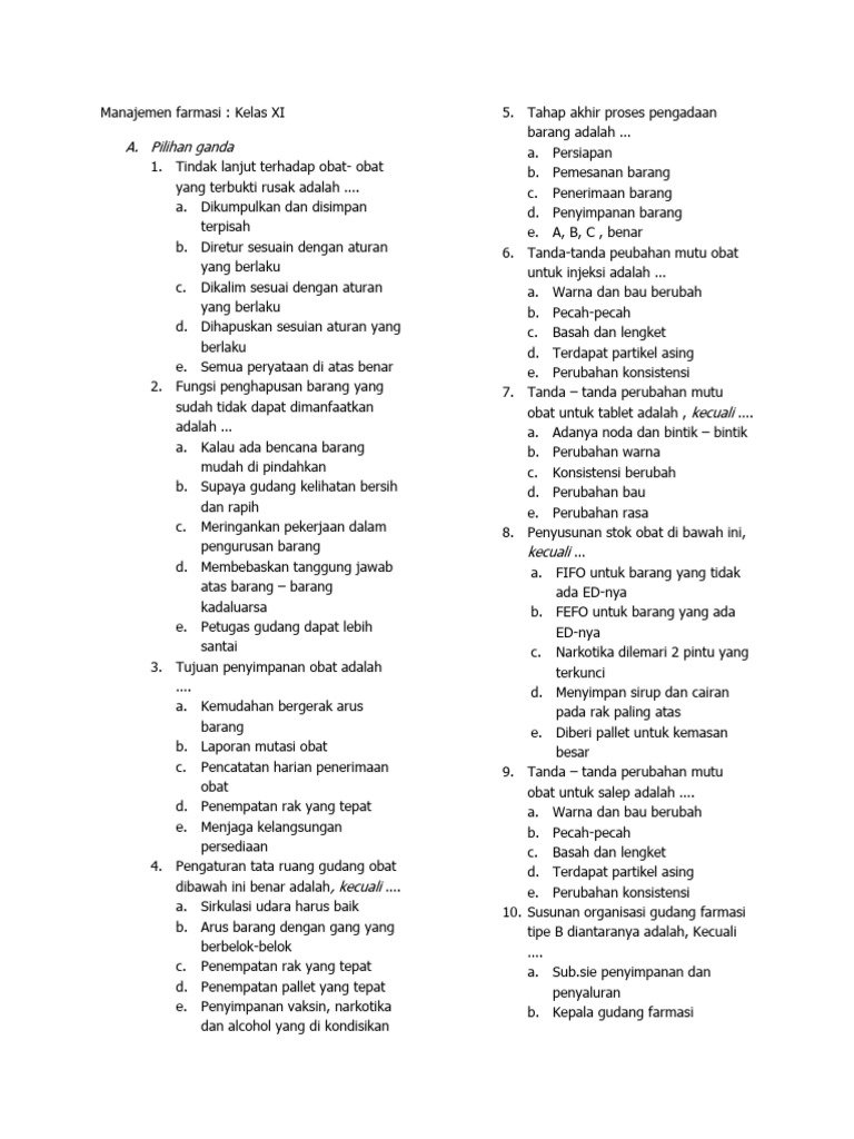 Manajemen Farmasi Kelas XI Soal | PDF