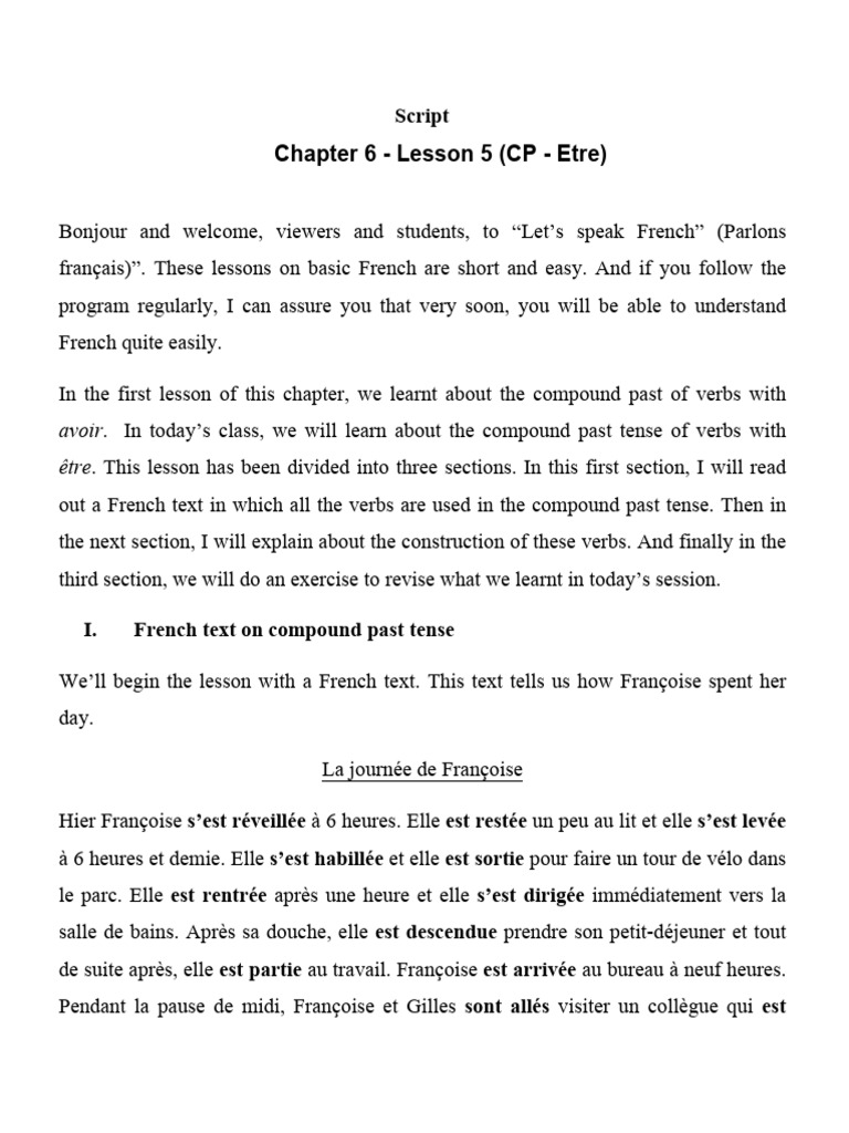 W6-L5 - Script - Chapter 6 - Lesson 5 (CP - Etre) 200302060603035252 | PDF | Verb | Grammatical ...