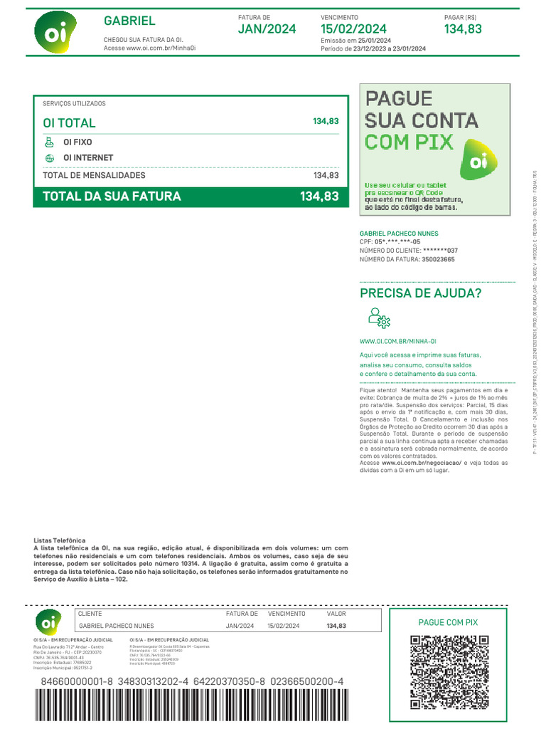 Conta Oi - Janeiro - 2024 | PDF