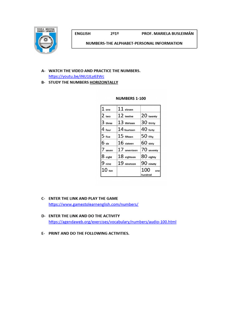 English Numbers and Alphabet Activities | PDF