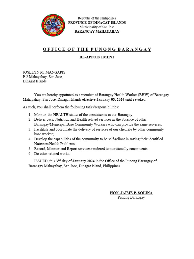 Appointment BHW | PDF | Social Programs | Philippines