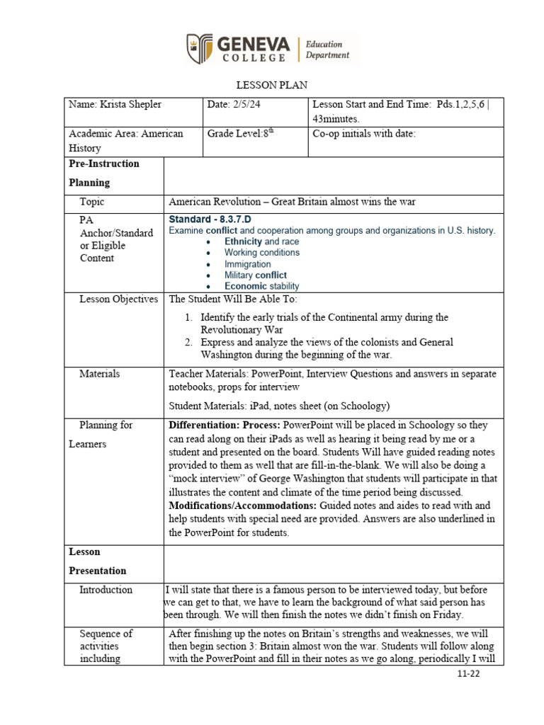 American Revolution Lesson Plan for 8th Grade | PDF | Learning | Cognition