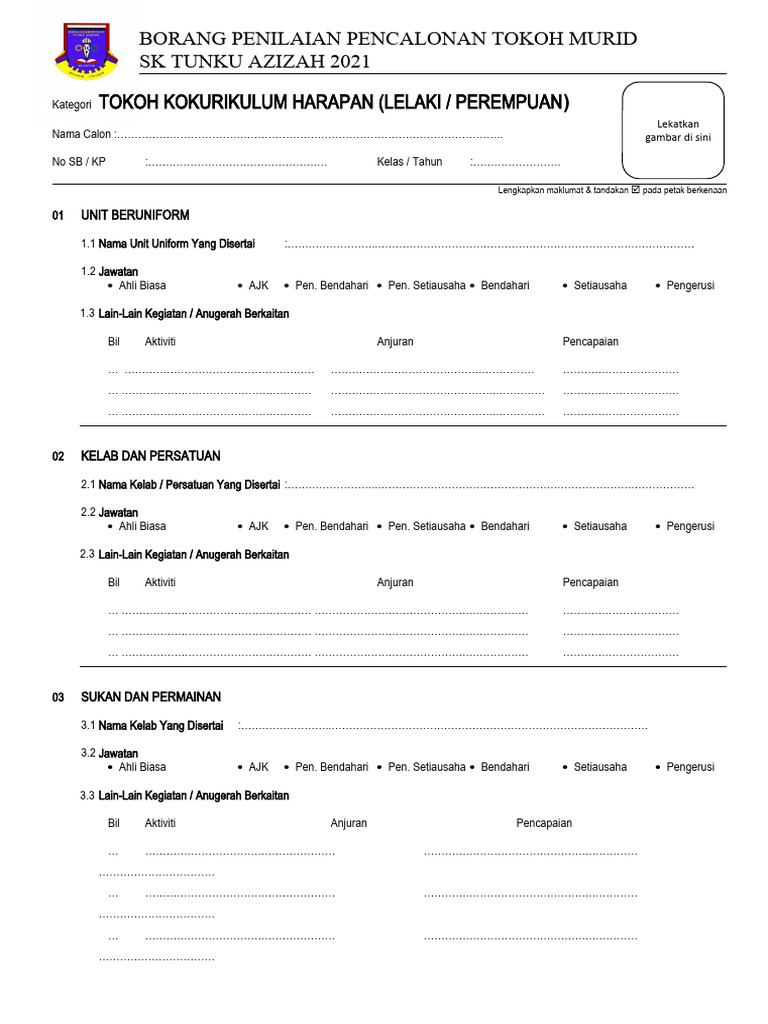 BORANG PENILAIAN PENCALONAN TOKOH HARAPAN KOKURIKULUM THN 4 & 5 | PDF