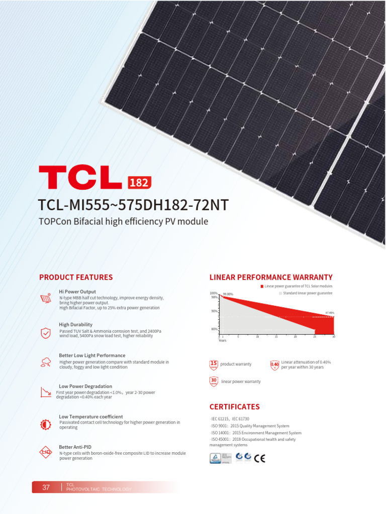 TCL-MI555~575DH182-72NT | PDF | Solar Panel | Photovoltaics