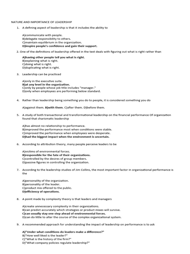 1 Nature and Importance of Leadership - Test | Download Free PDF ...