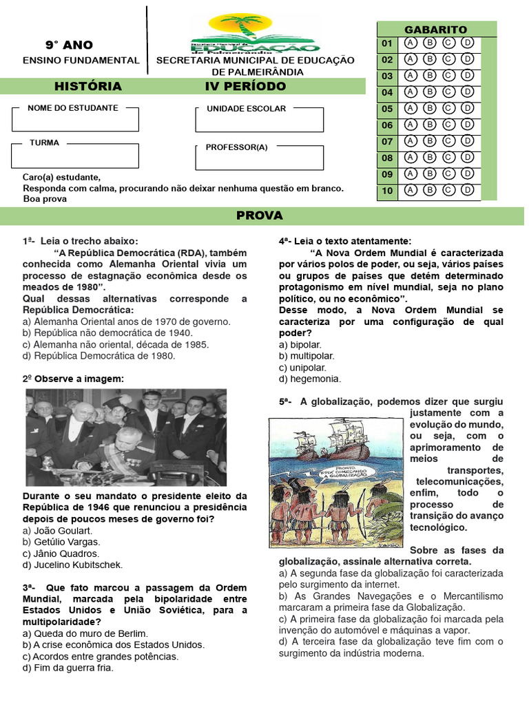 PROVA HISTORIA 9 ANO IV PERIODO | PDF | Globalização | Muro de Berlim