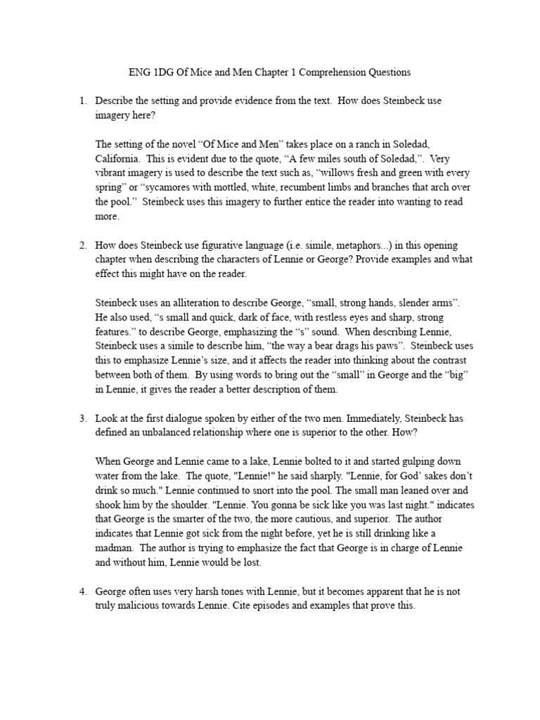 ENG 1DG of Mice and Men Chapter 1 Comprehension Questions | PDF