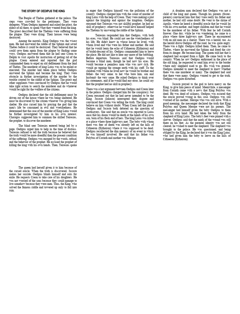 The Story of Oedipus The King | PDF | Theban Mythology