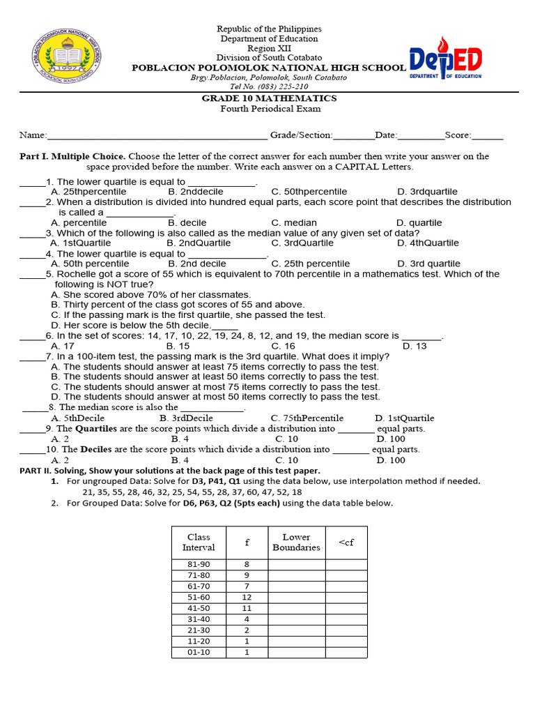 Math 4th Periodical g10 | PDF | Percentile | Quartile