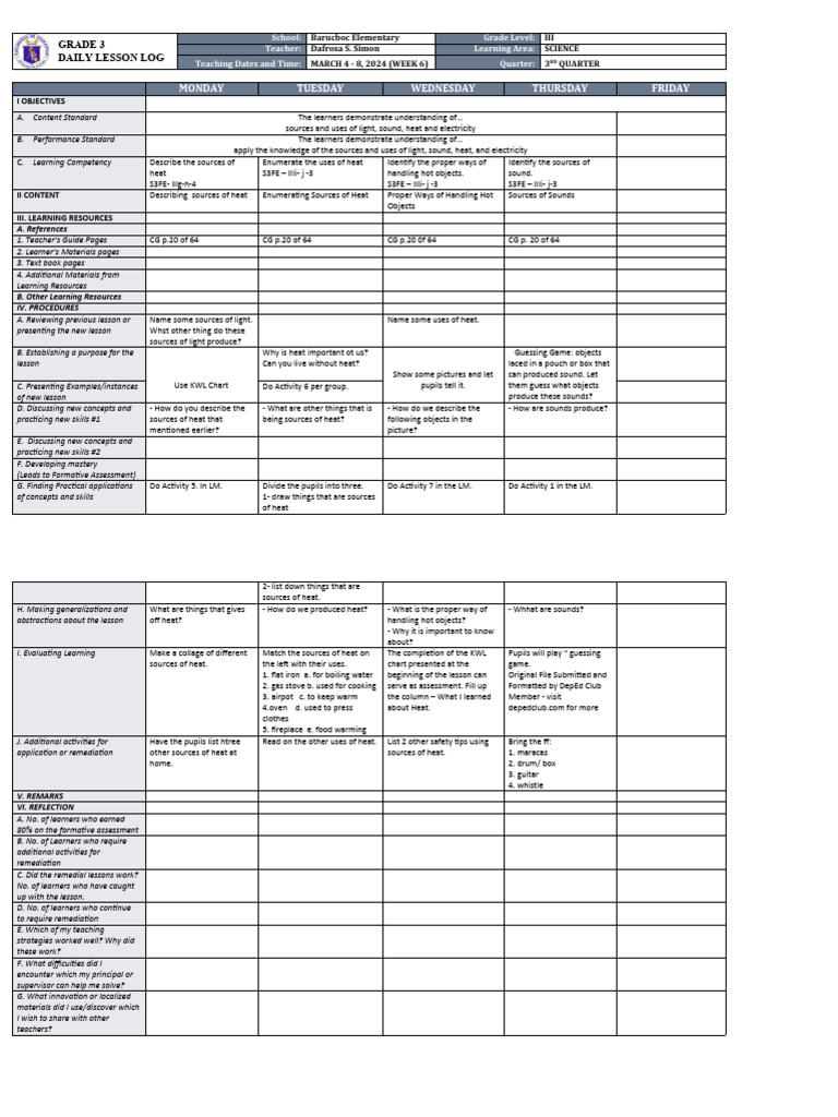 DLL_SCIENCE-3_Q3_W6 (1) | PDF | Learning | Behavior Modification