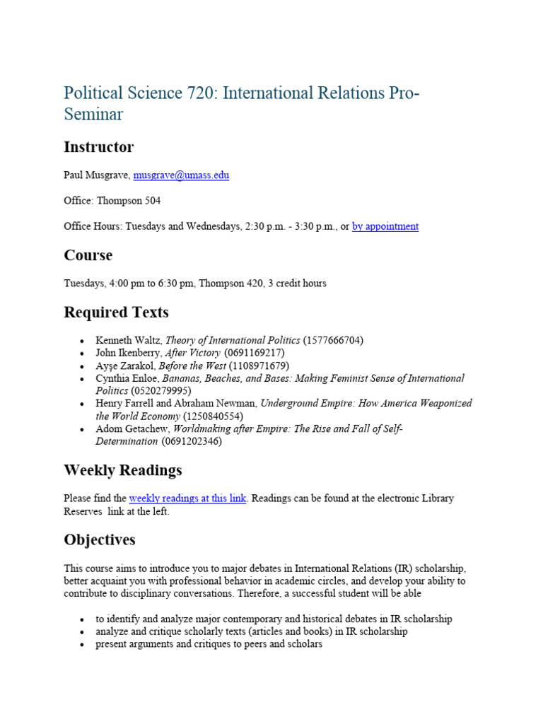 Political Science 720 IR Proseminar Syllabus | PDF | Essays | Literature Review